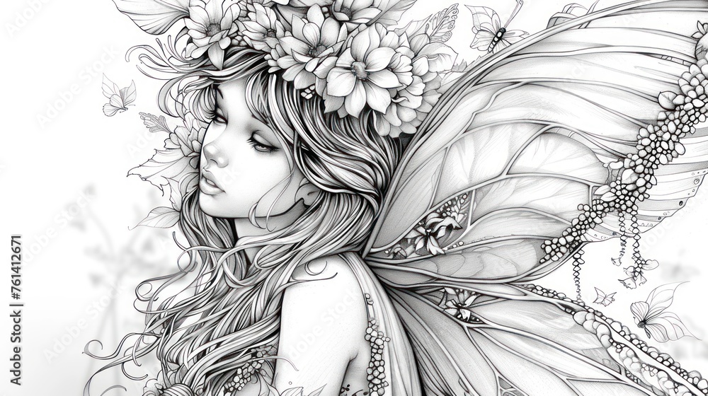 Fairy Coloring Page with Lots of Details Stock Illustration | Adobe Stock