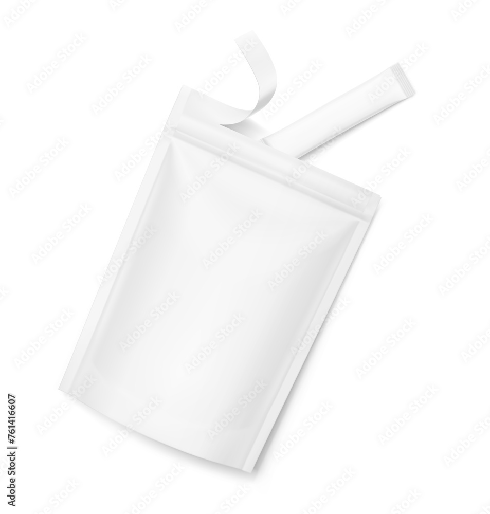 Realistic torn stand up pouch bag with stick mockup set. Vector ...