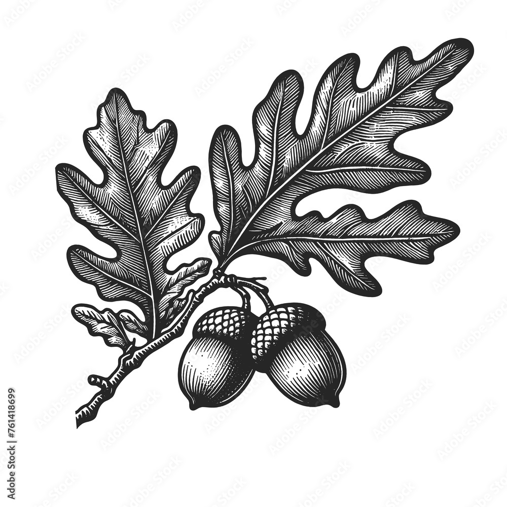 oak leaves and an acorn, a classic symbol of autumn sketch line art ...