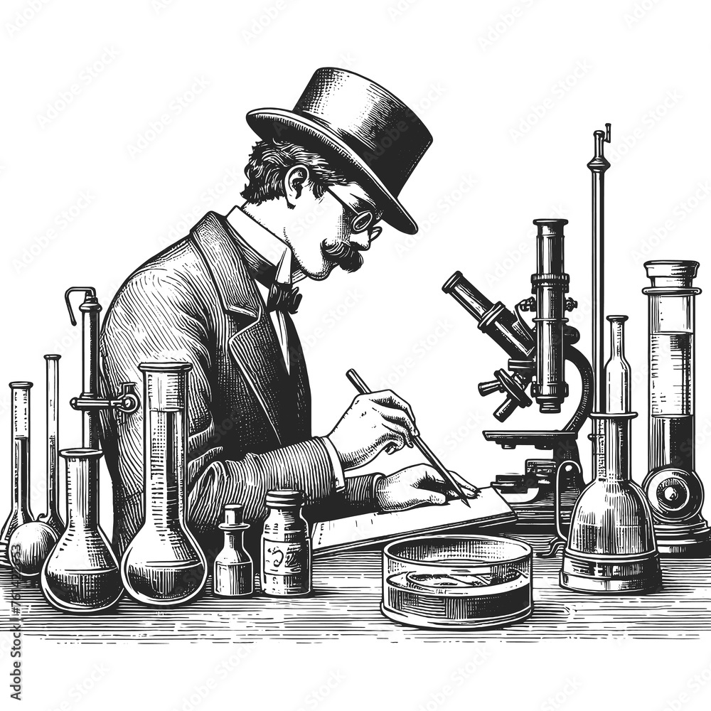 scientist with a bowler hat writing notes, surrounded by antique lab ...