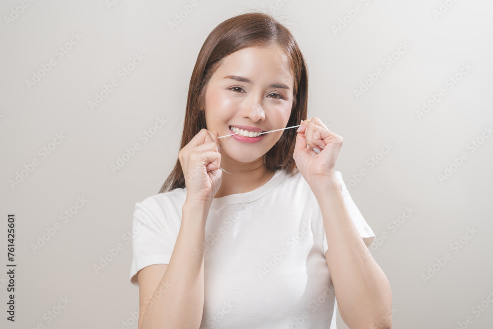 Flossing teeth, dental care hygiene concept, asian young woman flossing ...