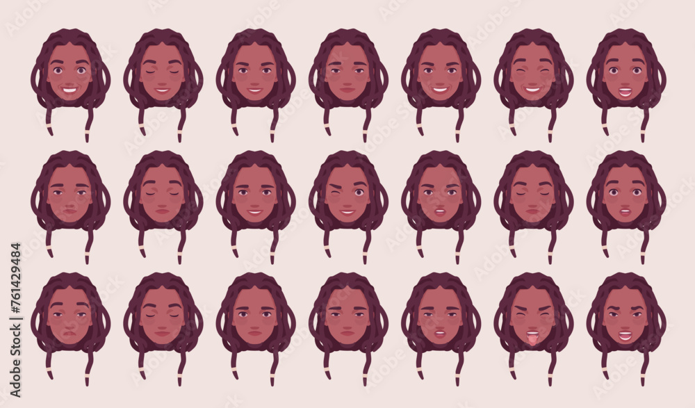 Young long dreadlocks man, afro male emotion set, cute guy ethnic ...