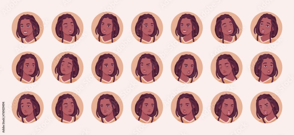 Young man, long dreadlocks male avatar cute portrait set, ethnic ...