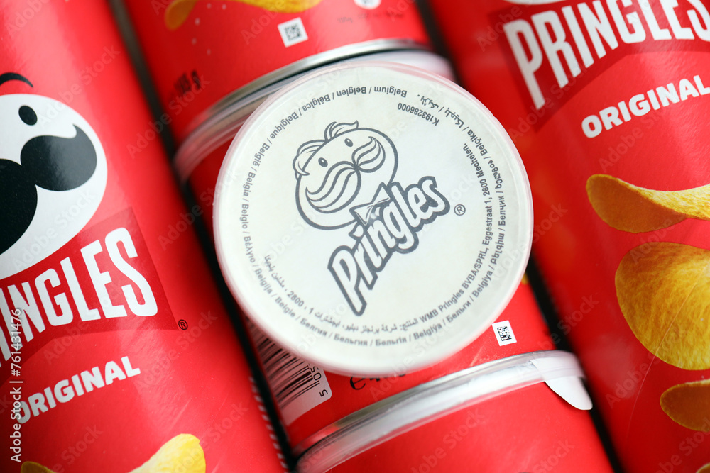 KYIV, UKRAINE - FEBRUARY 27, 2024 Pringles original potato chips on ...