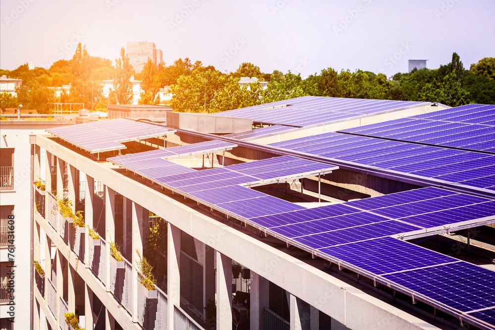 Solar Panels Roof Apartment Building. Modern High-rise Multifamily ...