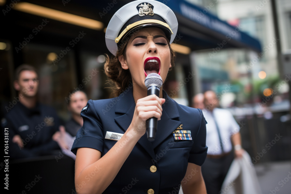 Foto de Passionate naval officer singing into microphone with intense ...