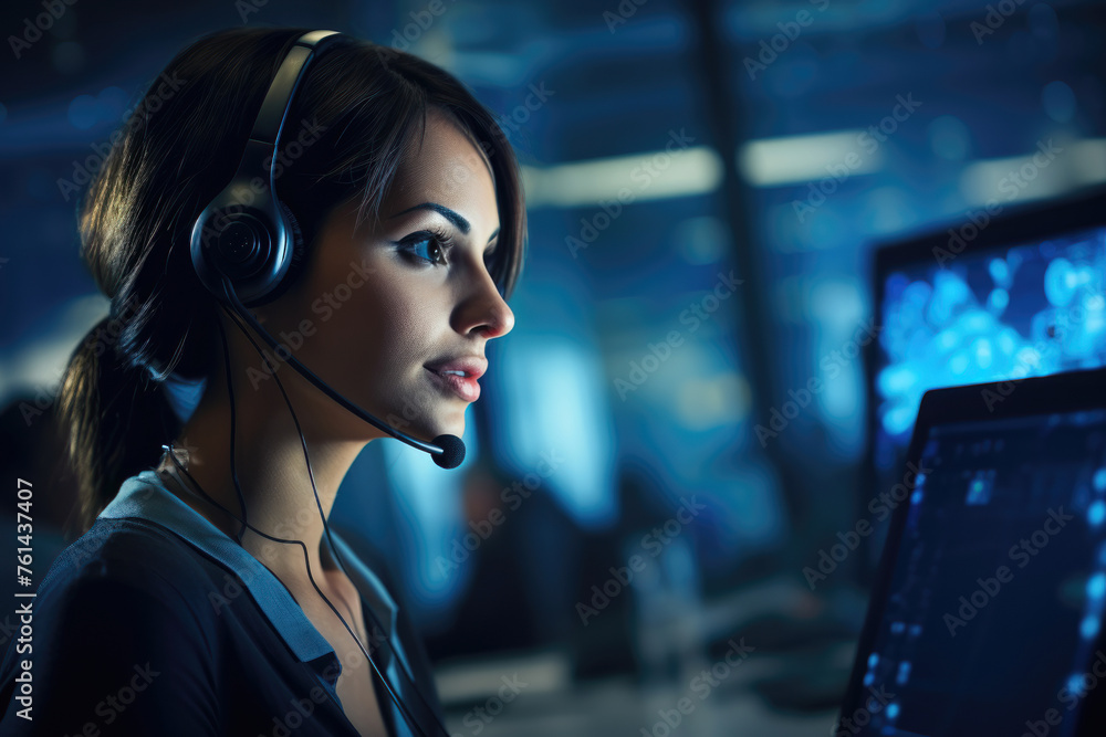 Professional woman with headset in a high-tech control room, focused ...
