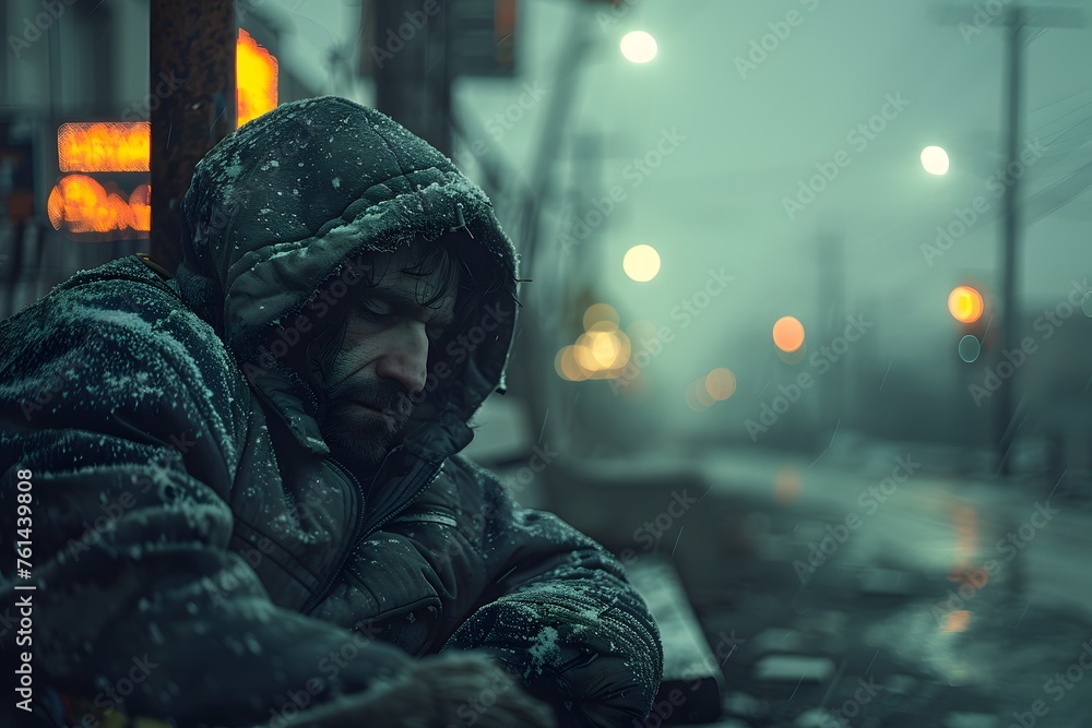 Illustration of homeless man sleeping on a roadside bench under the ...