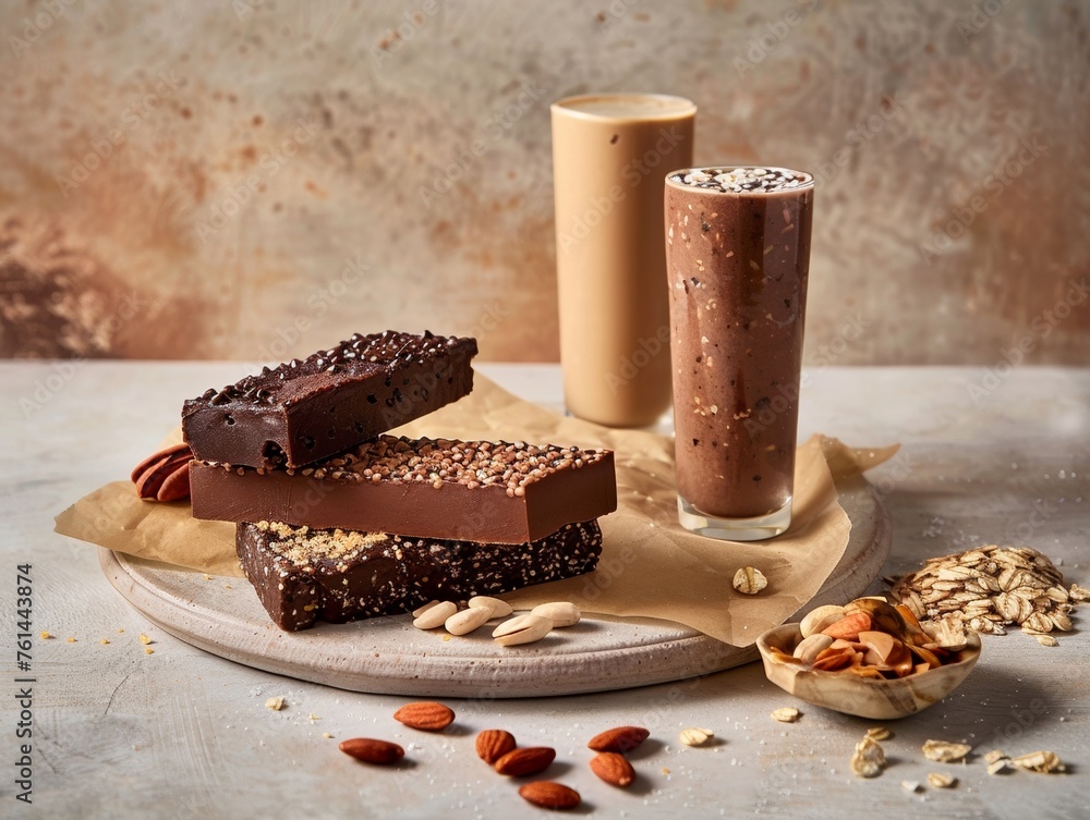 Artisanal protein bar selection paired with creamy shakes, captured in ...