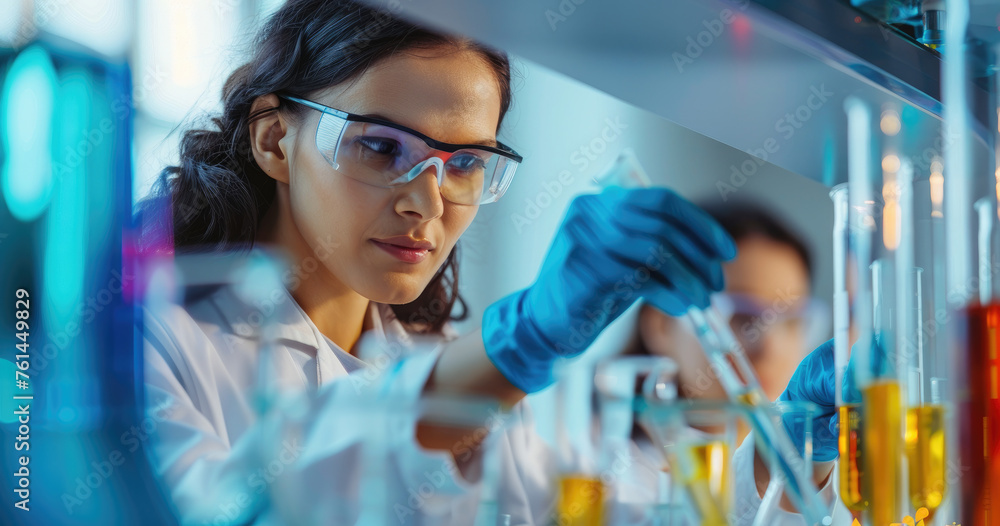 A group of young attractive male and female scientists working in a ...