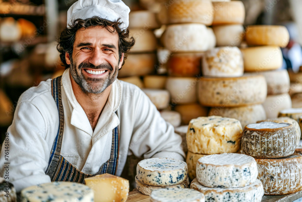A skilled cheesemaker, donning a classic white chef's hat, takes pride ...