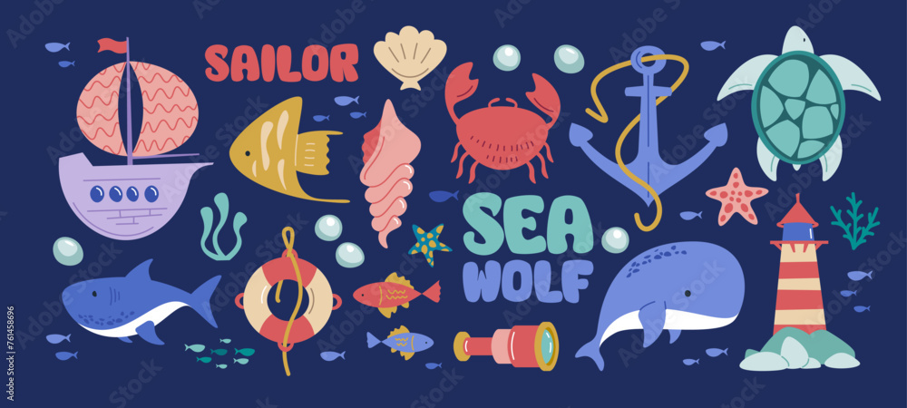 Marine animals with quotes. Cute underwater ocean wildlife hand drawn ...