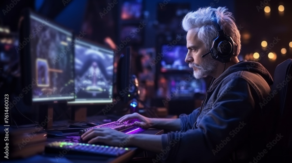 A side view of a gray-haired middle-aged man, a professional streamer ...