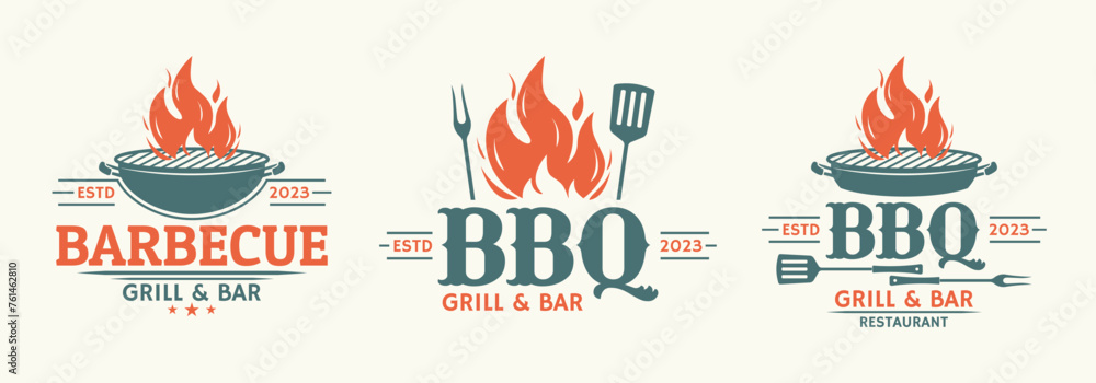 BBQ logo set. Barbecue, grill icon with fire flame. Meat restaurant ...