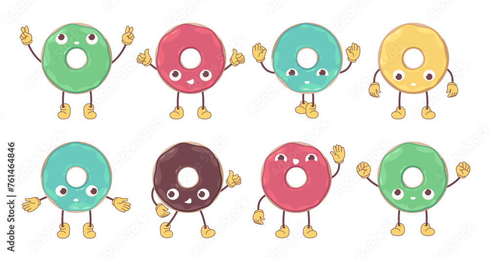Cartoon donut mascot. Cute sweet pastry characters with different ...