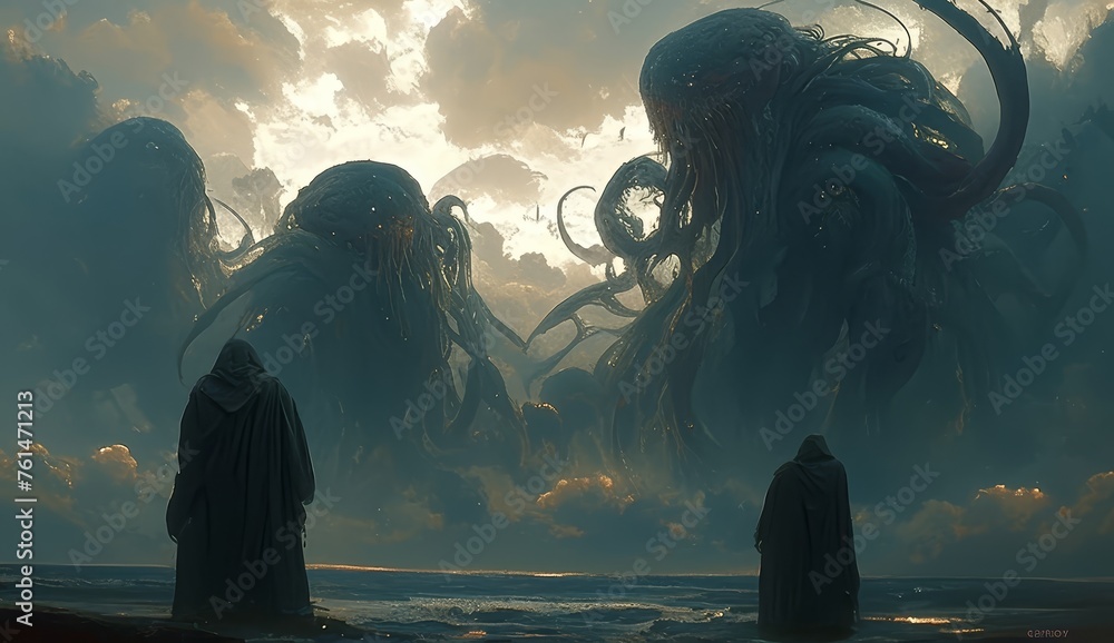 Dark fantasy scene of several tentacled monsters emerging from the ...
