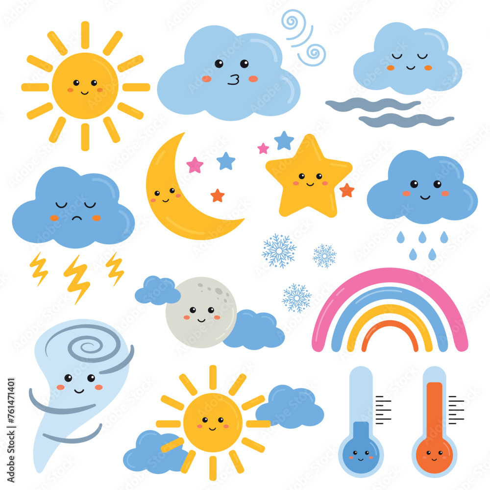 Cute weather vector set for kids with funny sun, rainbow, cloud, star ...