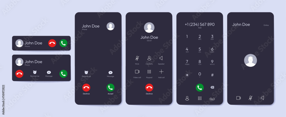 Incoming call UI elements. Smartphone overlay with accept decline call ...