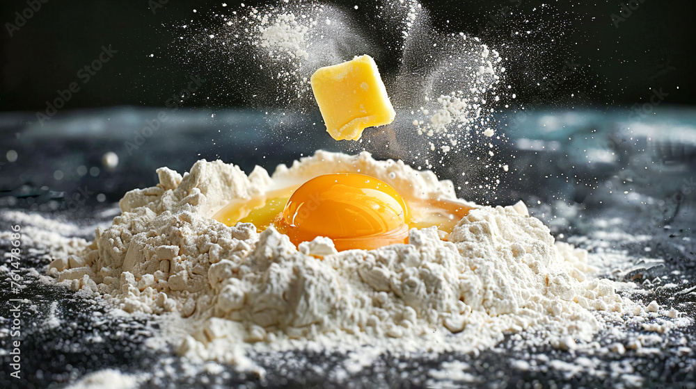 Raw egg and butter falling into a hep of flour on black background ...