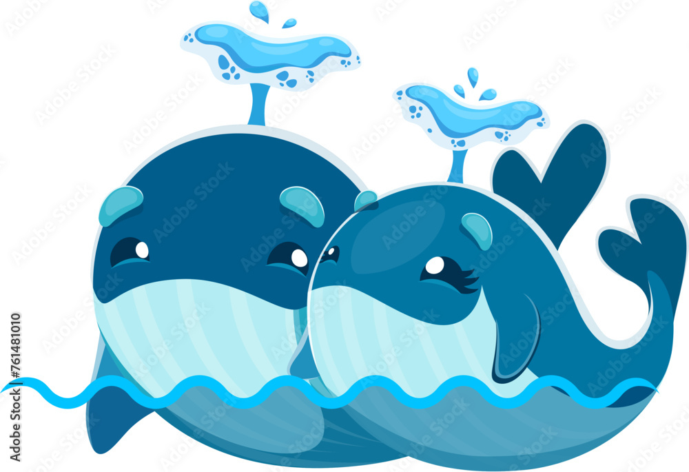 Cartoon cute kawaii whale characters. Isolated vector two adorable ...
