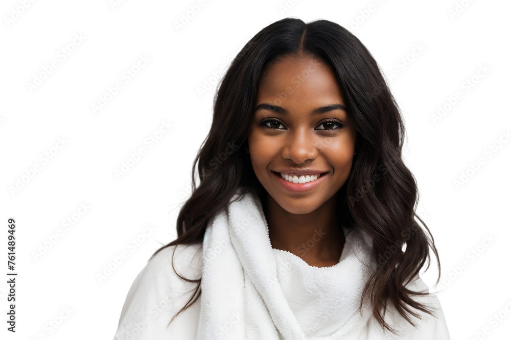 Beautiful young black woman with a towel posing on a transparent ...
