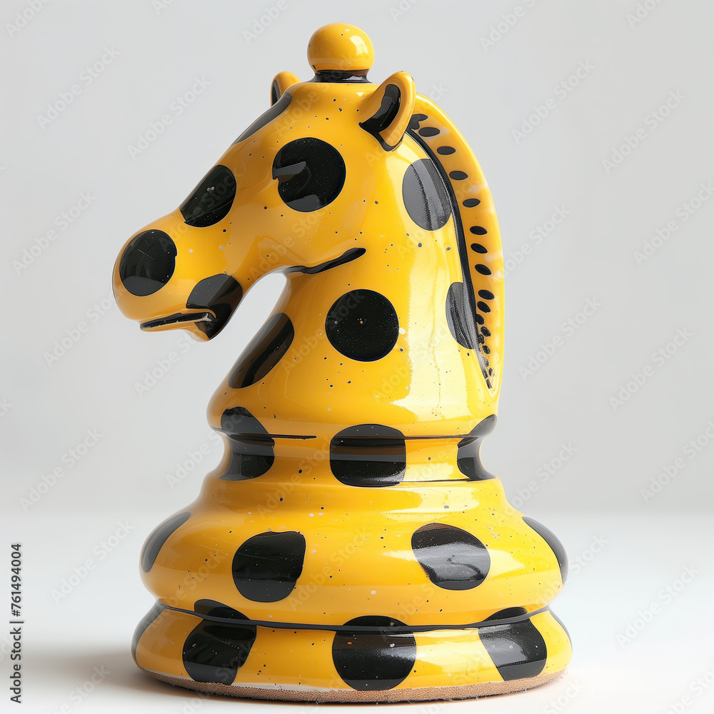 Caballo pieza ajedrez, amarillo con motas negras, fondo gris claro. It ...
