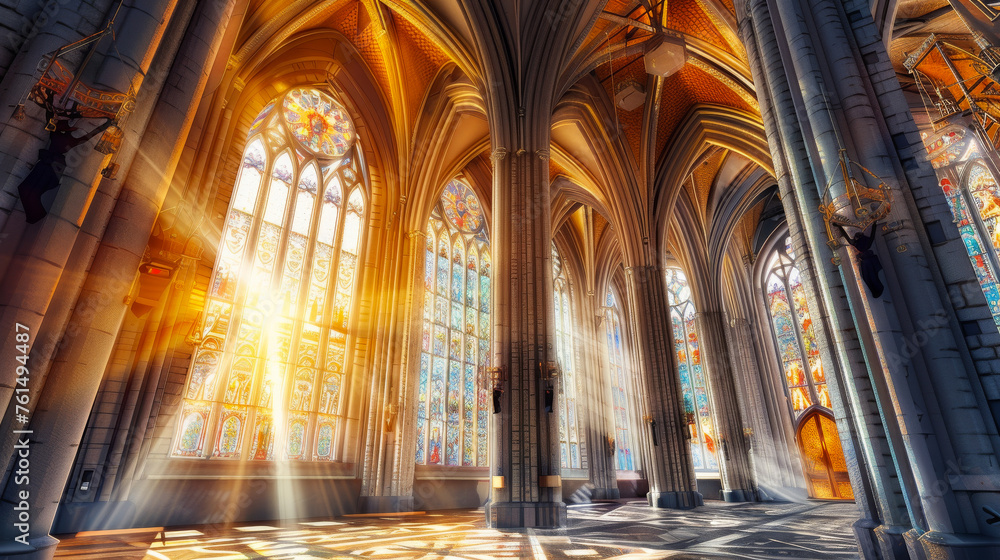 3D model of a Gothic revival cathedral interior high vaulted ceilings ...