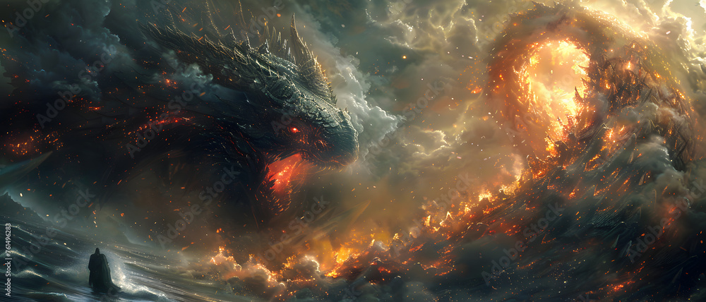 A monstrous leviathan emerges, dwarfing a lone boat, amidst volcanic ...