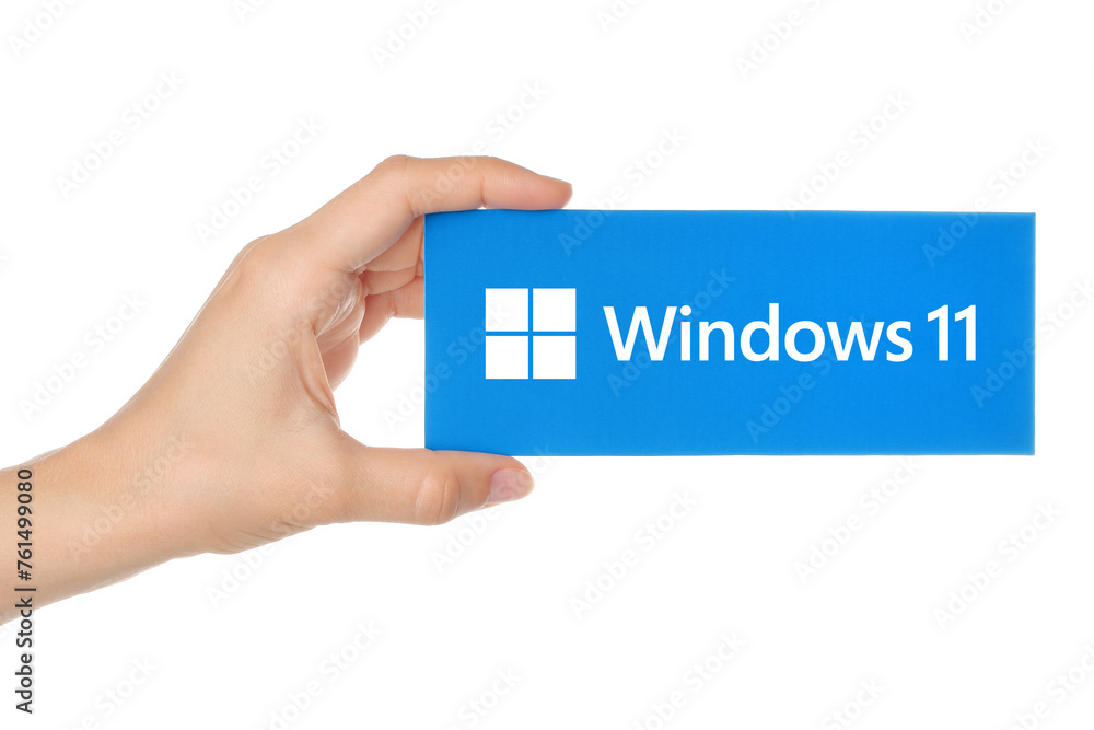 : Woman Hand, which holding Windows 11 paper logotype, isolated on ...