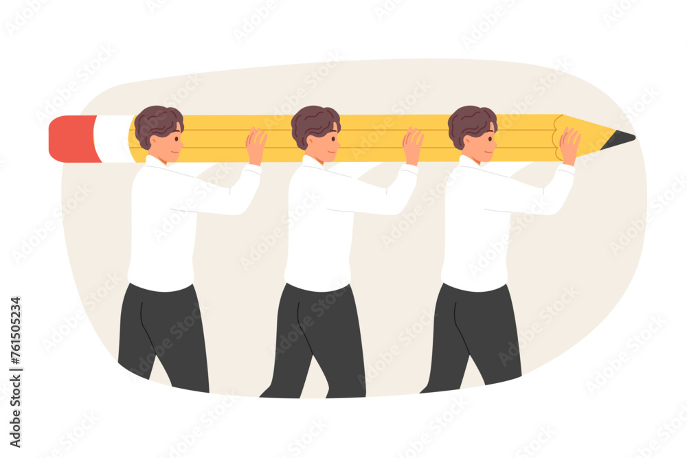 Teamwork of men lifting large pencil together to complete task set by ...