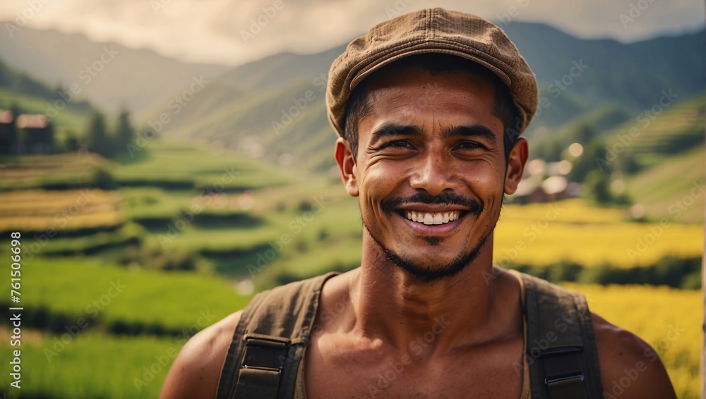 A farmer stands in the Brazilian rice fields, his tanned face ...