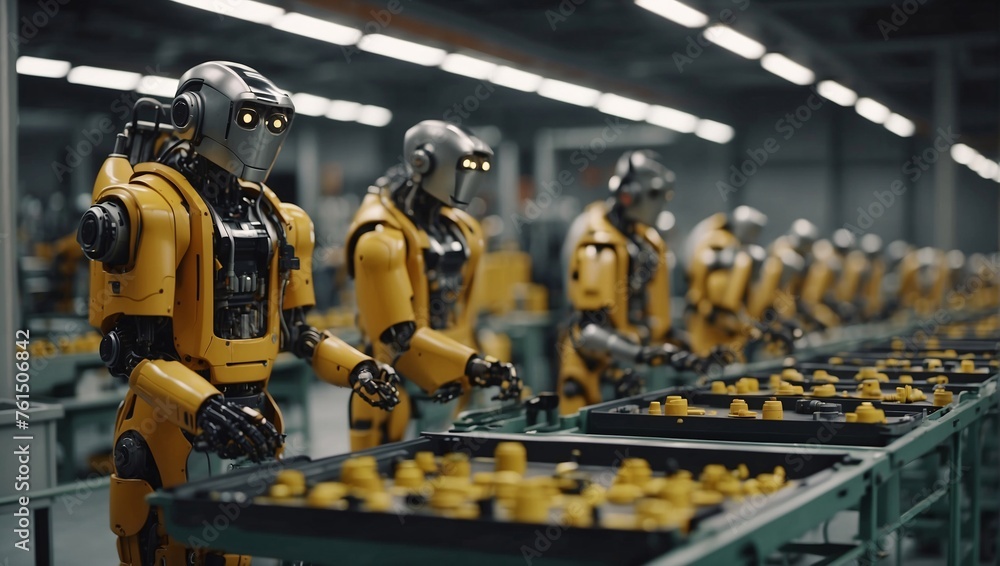 Among noise of production on factory premises, robots check quality of ...