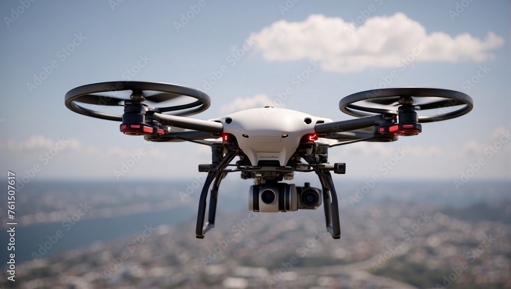 New era of convenience in delivery. Tricopter in sky above city is ...