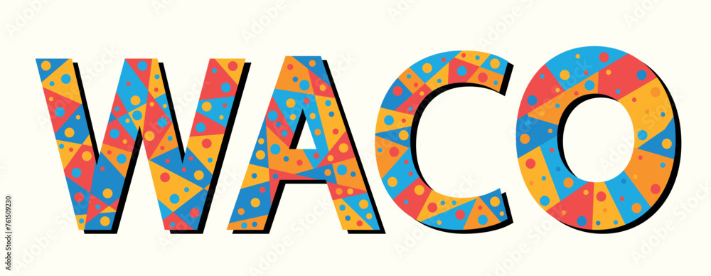WACO. Mosaic isolated text. Letters from pieces of triangles, polygons ...