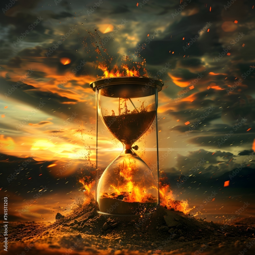 Hourglass with fiery sands in dramatic sunset - Dramatic depiction of ...