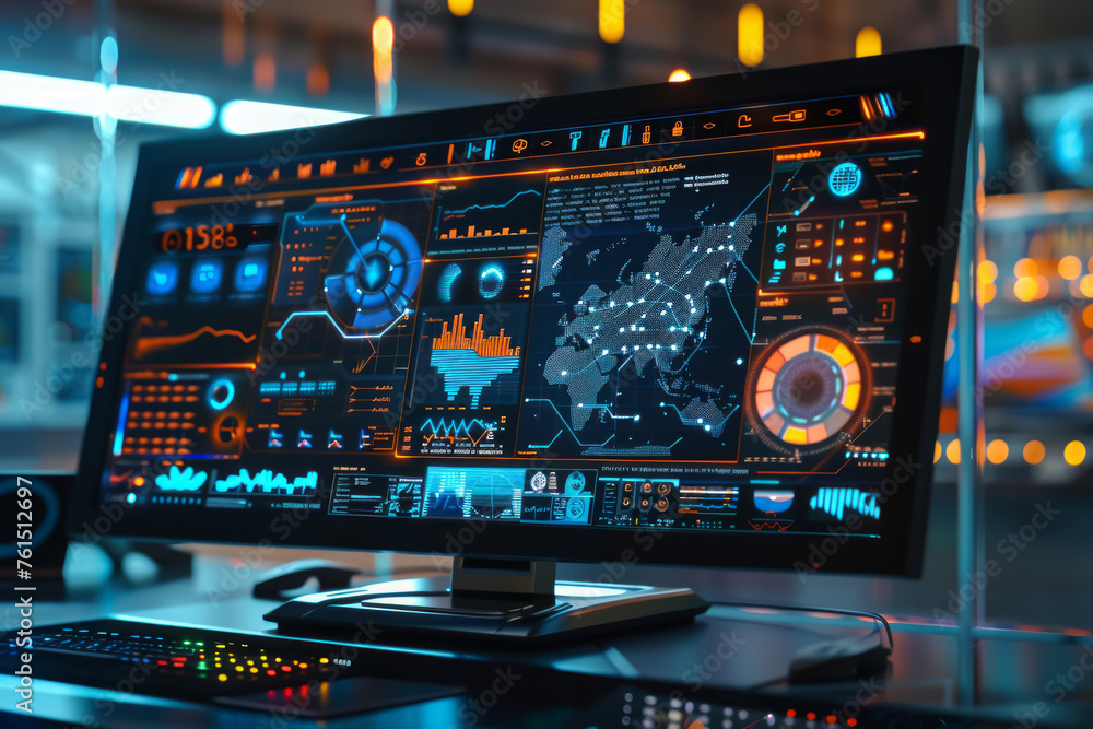 High-tech computer screen with futuristic data analytics dashboard in a ...