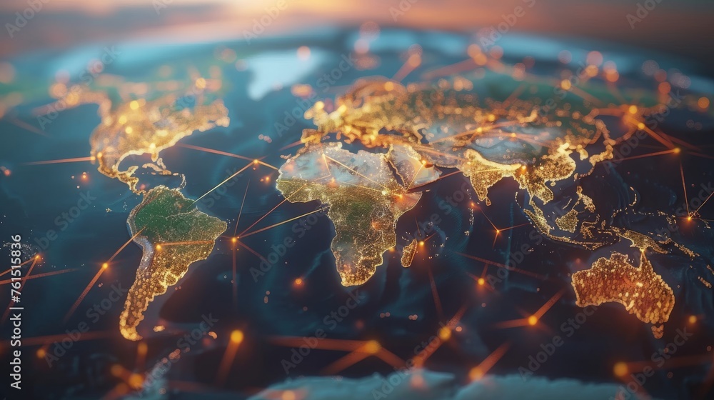 A world map overlaid with interconnected lines symbolizing ...
