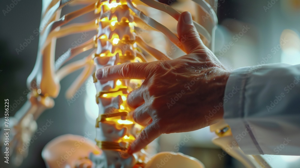 Chiropractor's hand pointing to spine diagram during consultation ...