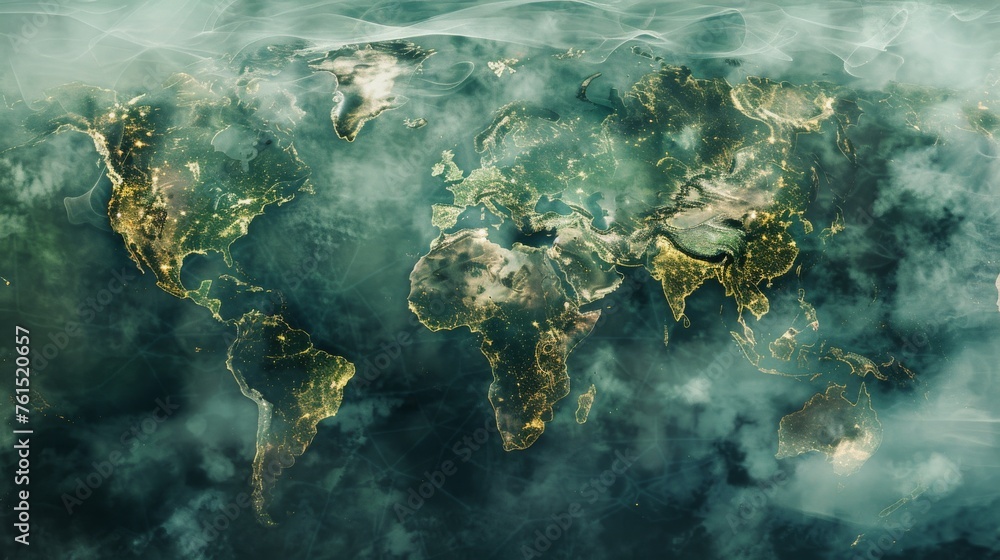 Artistic representation of a world map engulfed in a misty, cloud-like ...