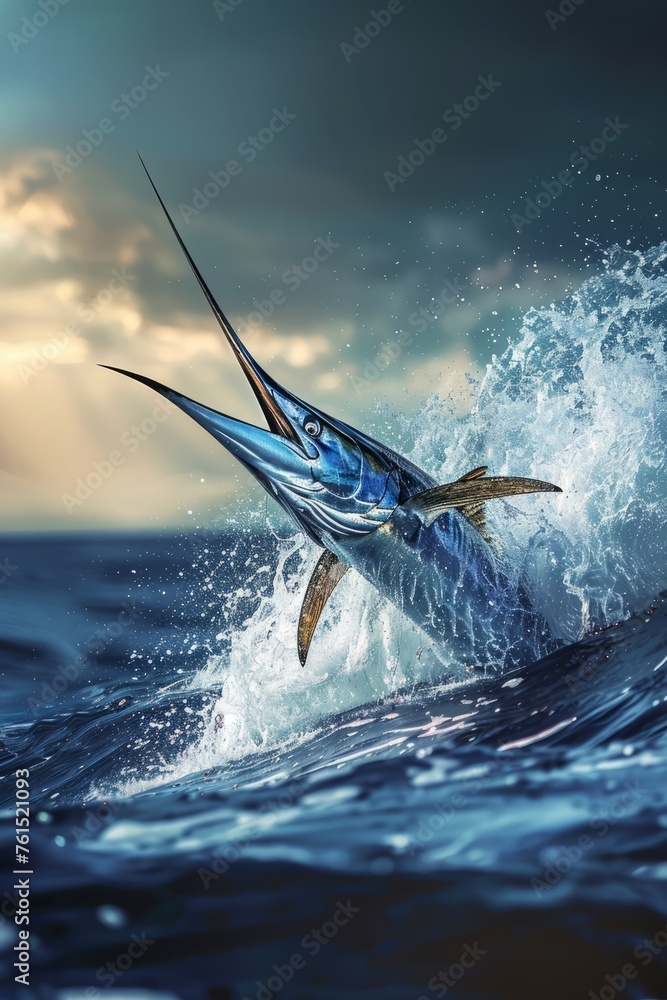 A powerful blue marlin fish leaps out of the water in a display of ...