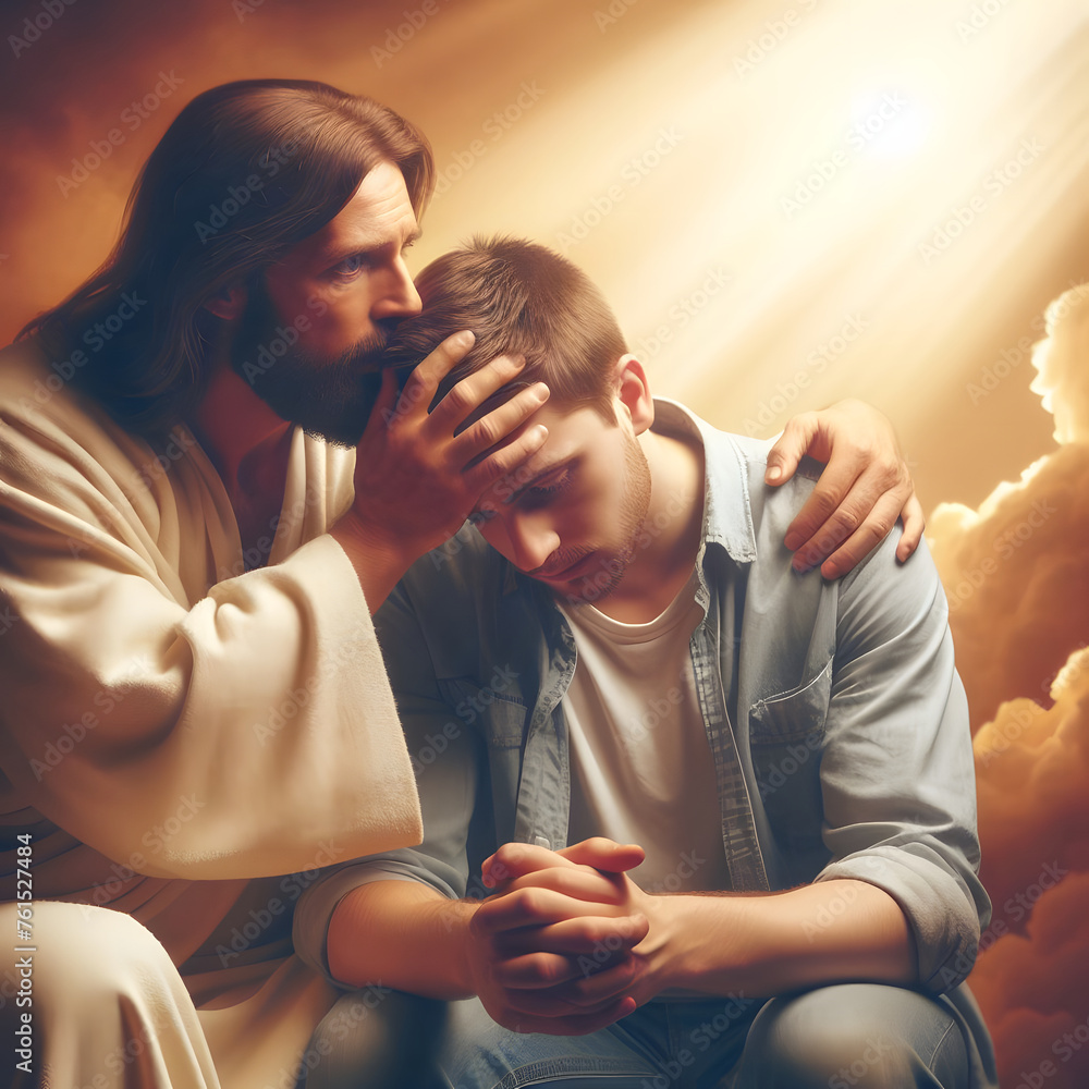 Jesus Christ comforting man with love and care Stock Illustration ...