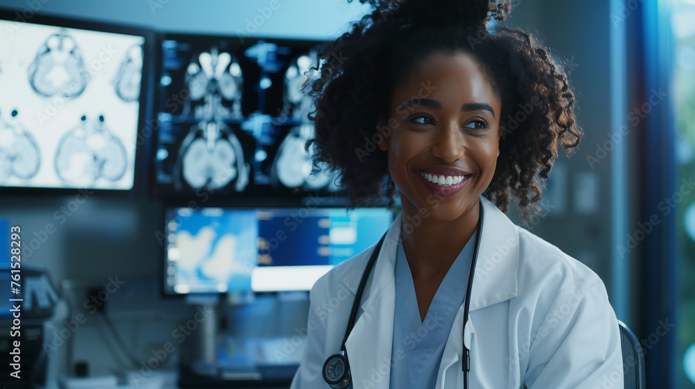 American female doctor conducting virtual patient assessment. Smiling ... American female doctor conducting virtual patient assessment. Smiling ...