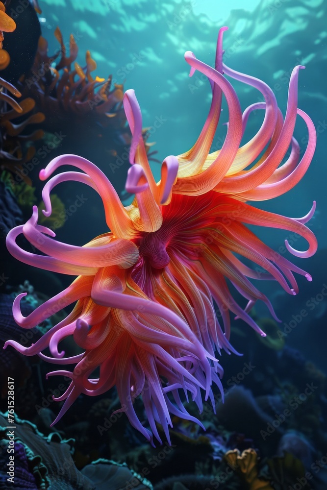 An orange and purple sea anemone is seen floating in the ocean, waving ...