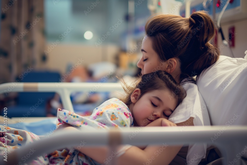 Mother consoles her baby daughter at the hospital, hugs her mother with ...