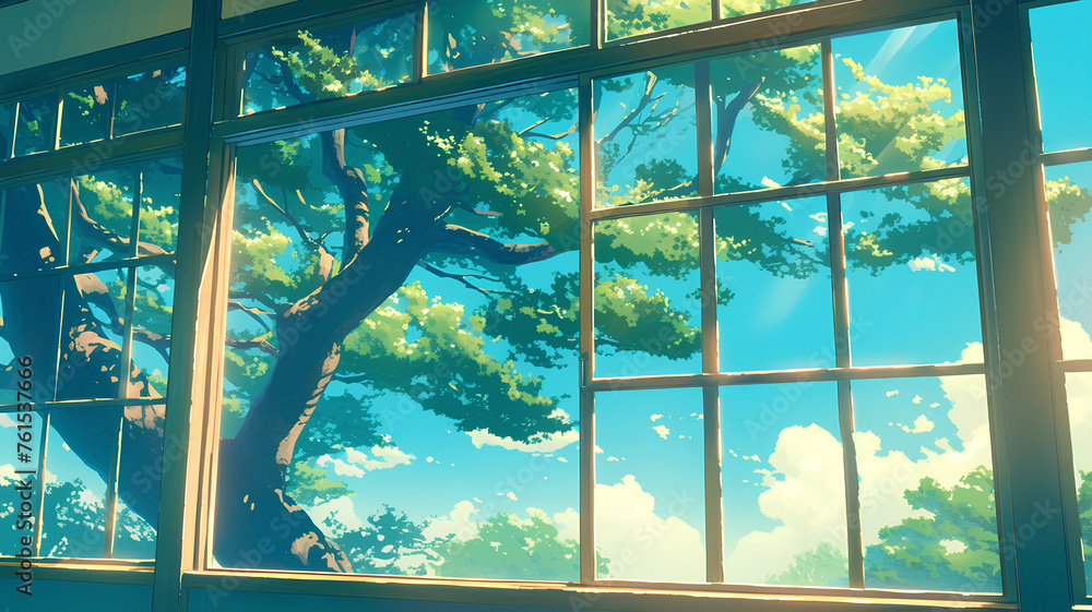 Japanese school glass windows and the tip of a shady tree, anime style ...