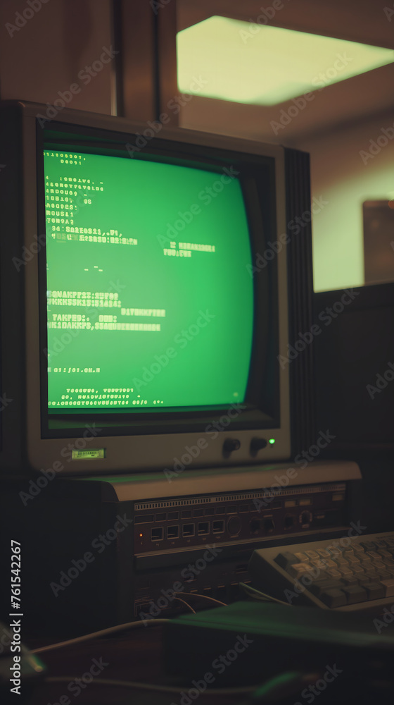 Old LCD TV and screen with computer monitor with green screen displayed ...