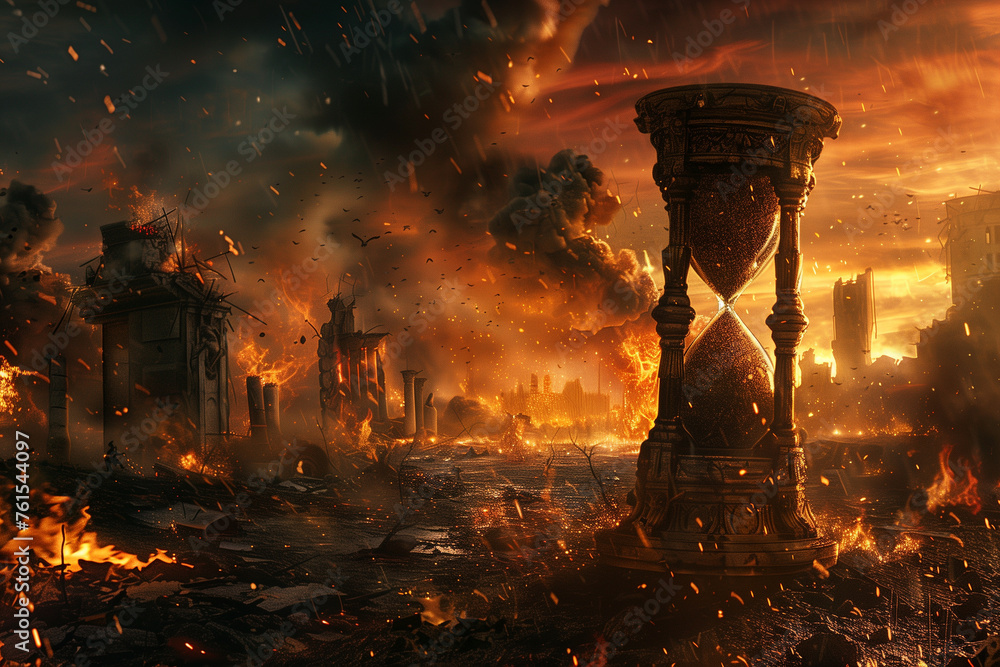apocalyptic scene with fiery skies and crumbling structures, where an ...