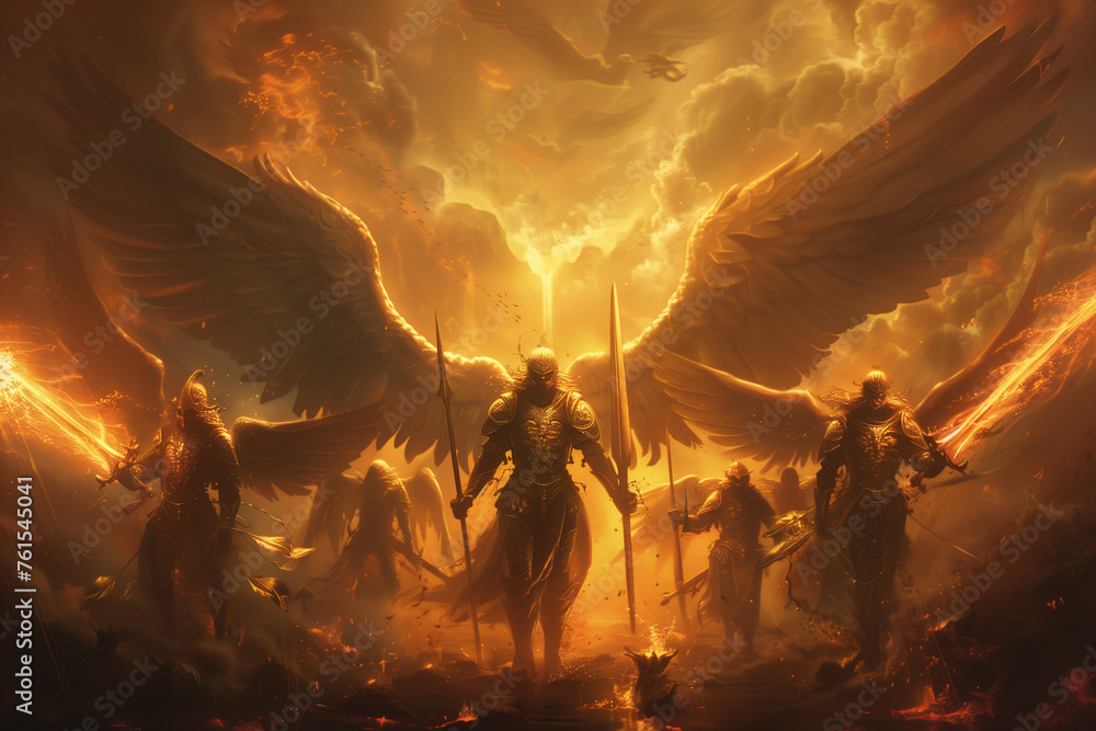 Archangels wielding flaming swords, standing guard at the gates of ...