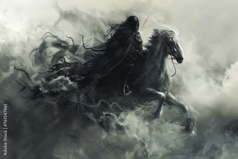 The fourth horseman, cloaked in shadow, atop a pale horse, with Hades ...