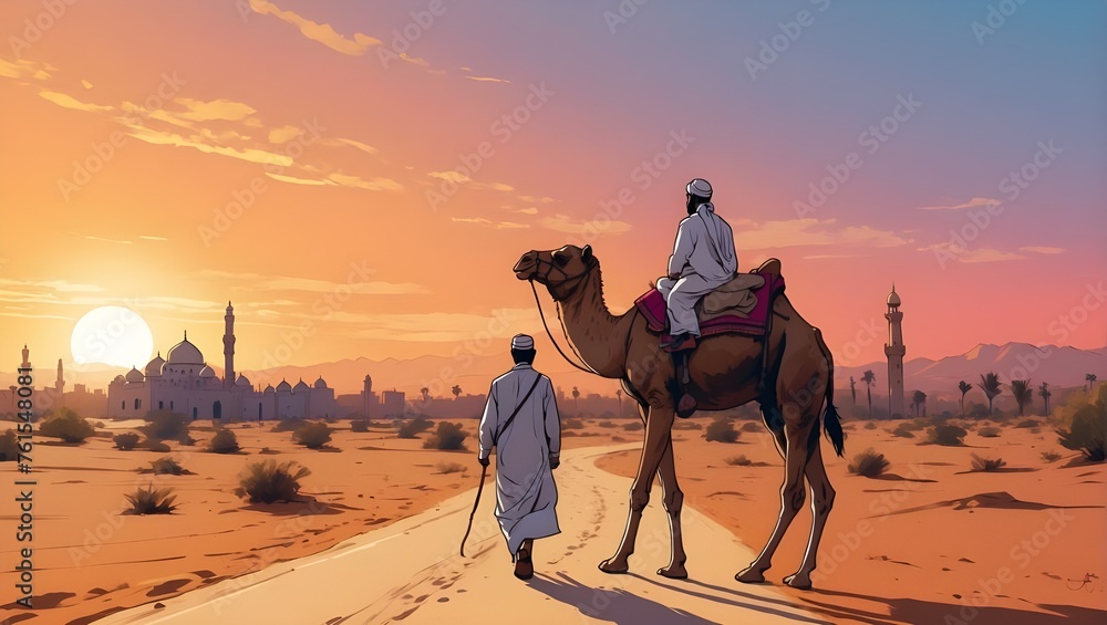 illustrated Arabic story book style rear view of an Arabian man riding ...